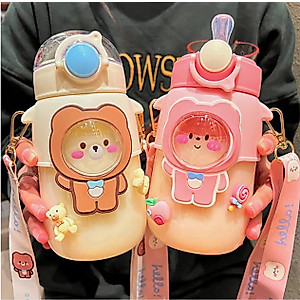 excvalues Kawaii Water Bottle with Straw and Strap, Cute Water Bottles with 3D Stickers, Large Capacity Leak-Proof Bottles for Girls School (White)