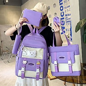 4Pcs Kawaii Canvas School Backpack with Pendant, Aesthetic Laptop Shoulders Ita Bag, School Supplies Stationary for Back to School (Purple)