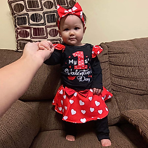 HINTINA Infant Baby Girl My First Valentine's Day Outfits Ruffles Long Sleeve Romper Heart Pants Headband Clothes Set(Black, 3-6M