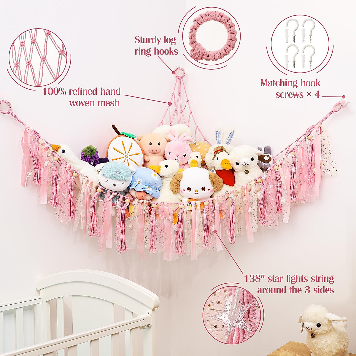 Lewondr Stuffed Animal Hammock, Dense Stuffed Animal Net or Hammock with Transitional Fringes, DIY Ribbons Great Decor Stuffed Animal Storage, 138'' Star Light String, 39'' x 39'' x 59, Pink