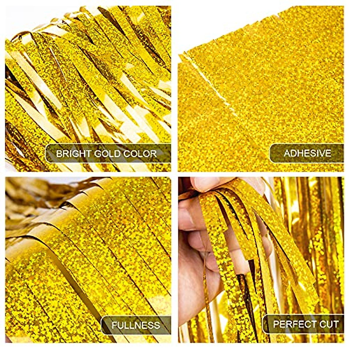 LOLStar 3 Pack Gold Photo Booth Props,3.2 X 8.2 ft Laser Rain Gold Foil Fringe Curtains,Photo Booth Backdrop Streamer Backdrop for Birthday,Wedding,Engagement,Anniversary Party Decorations