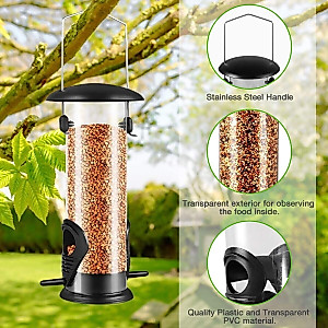 Metal Bird Feeder, Tube Bird Feeders for Outdoors Hanging, Heavy Duty Chew-Proof and Rust-Proof Tube Bird Feeder, Weatherproof & Steel Hanger, Attracting for Wild Birds (Black)