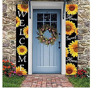KYMY Sunflower Summer Banners,Welcome Summer Porch Sign,Sunflower Hanging Banners,Sunflower Welcome Porch Banners for Hawaii Party,Front Door Sign Decoration,Summer Party Supplies for Indoor Outdoor