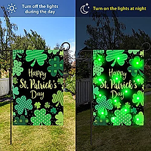 St Patrick's Day Garden Flag with Green Led Lights Good Shamrock Luck Truck Gnome 12 X 18 Inch Double Sided Garden Flag Durable Burlap Shamrock Garden Flag for Lawn Party Outdoor Decorations (Shamrock)