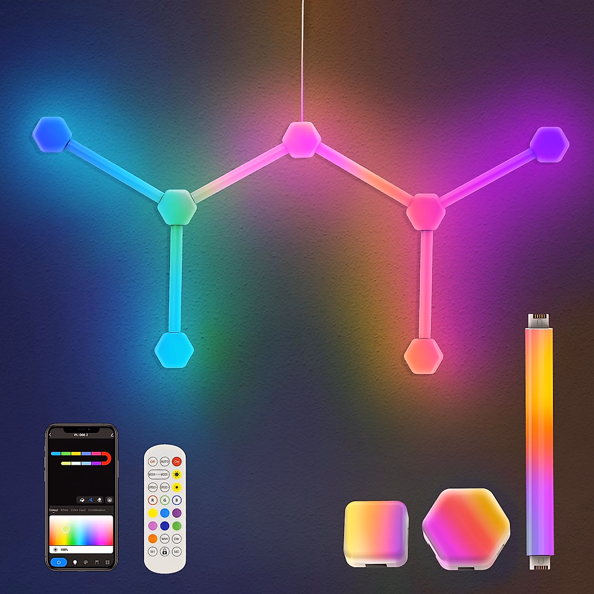 YSJ 14pack LED Wall Light, RGB Wall Lights, Hexagon Wall Light DIY Geometry Splicing Gaming Lights, Smart Glide Lively Light Bars for Gaming Room Decor and Streaming, Creative Lights with Music Sync