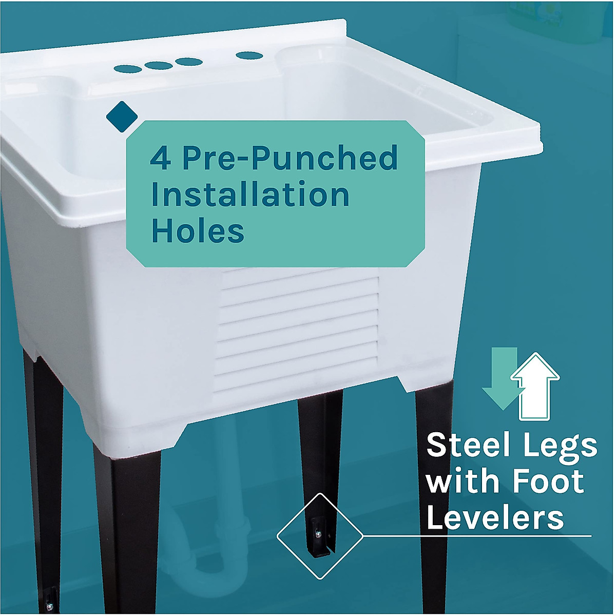 White Utility Sink by JS Jackson Supplies, Tehila Luxe Laundry Tub, Matte Black Hi-Arc Pull-Down Faucet, Soap Dispenser