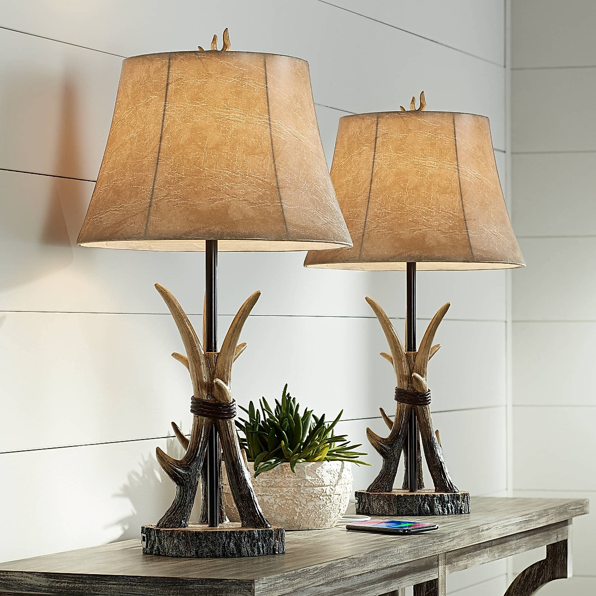 John Timberland Boone Rustic Western Table Lamps 27.5" Tall Set of 2 with USB Charging Port Natural Antler Bell Shade Decor for Living Room Bedroom House Bedside Nightstand Home Office