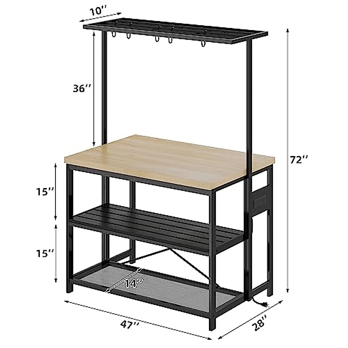 47" Large Kitchen Island Table Bakers Rack with Power Outlet and 3-Tier Storage-Microwave Stand Oven Shelf, Metal Coffee Bar Table ,Kitchen Storage Shelf for Dining Living Room, 5 Hooks, 47"*28"*72"