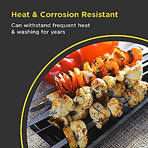 Flat Metal Kabob Skewers for Grilling - 8" BBQ Skewers Stainless Steel with Storage Bag - Set of 9 Dishwasher Safe Flat Metal Skewer Set for Grilling with Hook Handle & Sharp Tip by O-Yaki