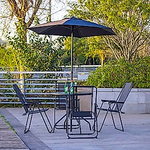 ALLINLIFE 6 PCS Outdoor Patio Furniture Set with Umbrella 4 Folding Chairs & Glass Table Garden Patio Table and Chairs Dining Set for Bistro,Deck,Black (Round Table Set)