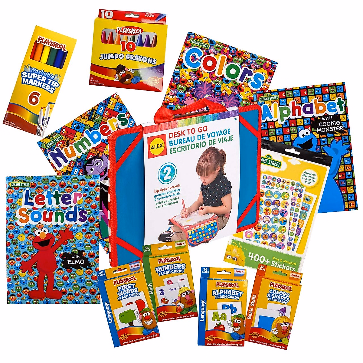 GOV Pre School Educational Portable Desk with Playskool Flash Cards, Markers, Crayons, Sesame Street Work Books and Reward Stickers