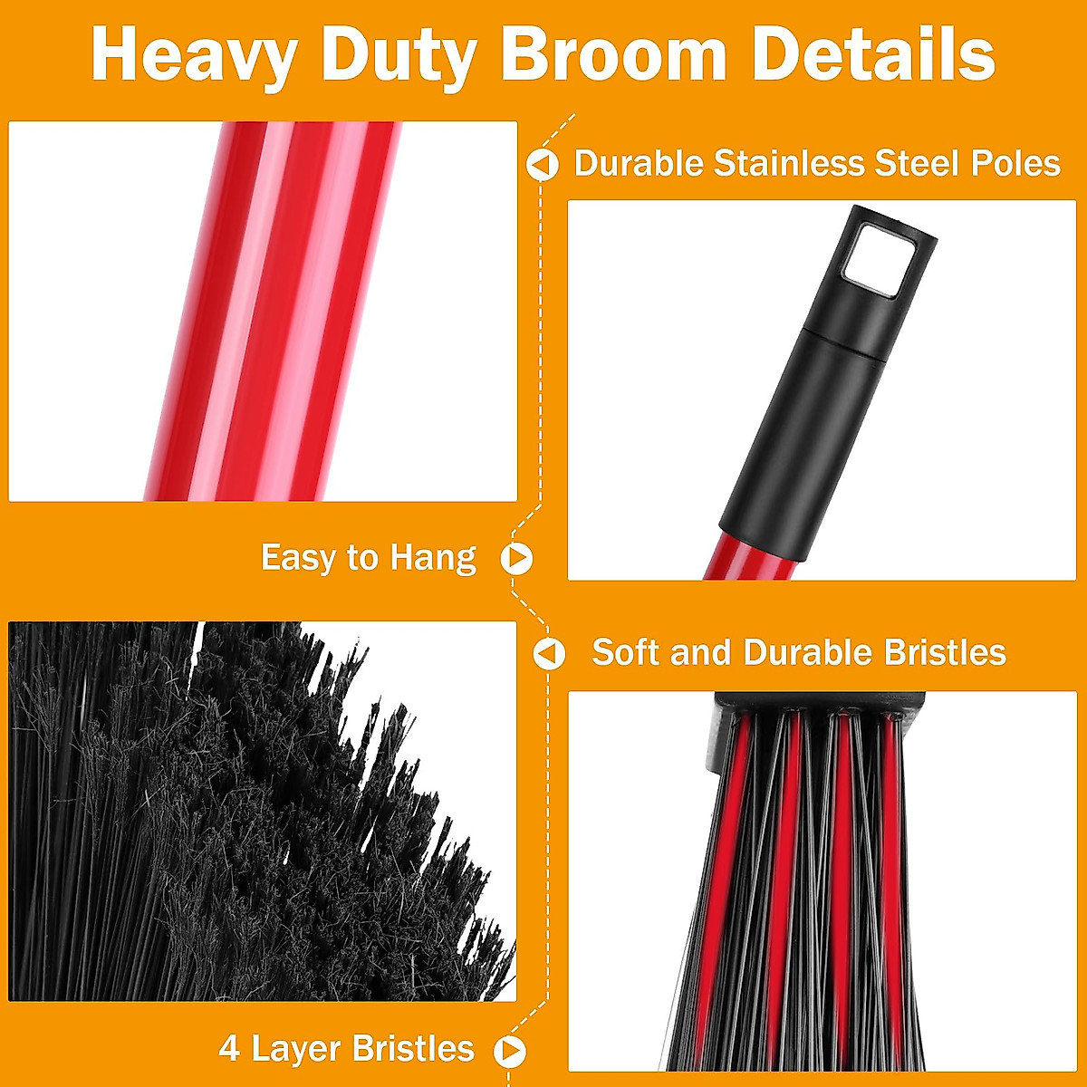 Maxcheck 6 Pcs Broom and Dustpan Set 54 Inch Heavy Duty Brooms with Dust Pan Combo Set Indoor Broom and Dustpan Commercial Shop Angle Brooms Bulk for Home Office Lobby Kitchen(Red)