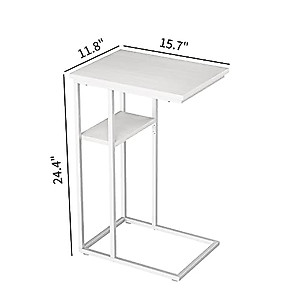Innerjoin C Shaped End Table, Side Table with Metal Frame, TV Tray Table for Couch, Sofa Table for Living Room Bedroom, Bedside, Rustic Vintage Style, White