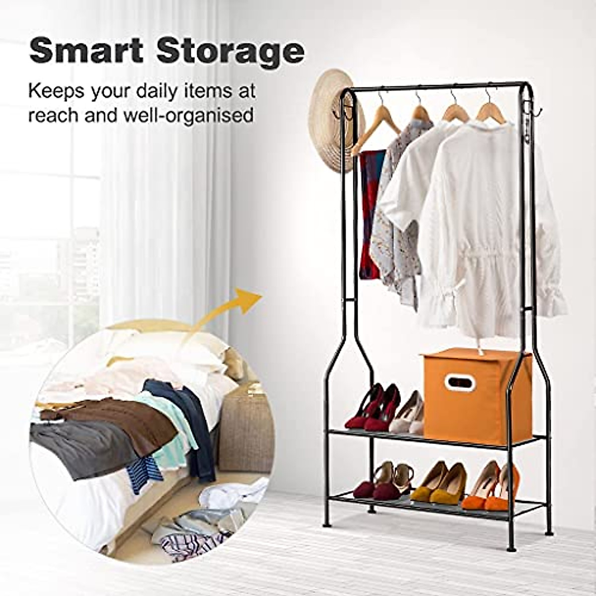 OSGP Heavy Duty Commercial Grade Clothing Garment Rack, 2-Tier Entryway Metal Coat Rack and Shoe Bench Storage Stand with Single Rod and 4 Hooks for Home Office Bedroom Max Capacity 66.1lbs, Black