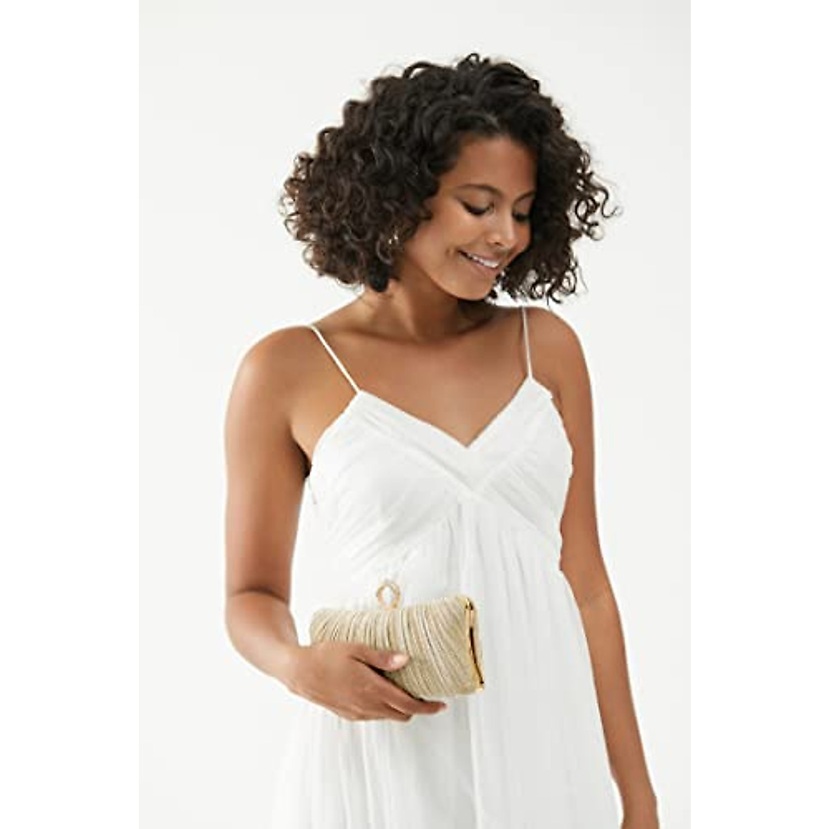 iWISH Womens Golden Glitter Clutch Purse Pleated Evening Bag for Bridal Wedding Party with Rhinestone Ring