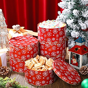 Suttmin 6 Pcs 7'' Christmas Cookie Tins with Lids Round Metal Cookie Container Xmas Snowflake Boxes Empty Holiday Decorative Tins for Gift Giving Cookie Baking Chocolate Snack Storage Cookie Tins