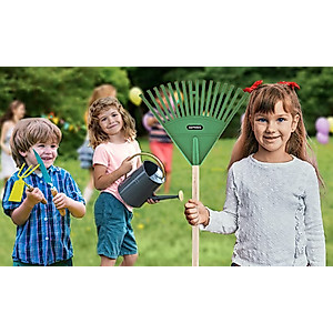 Superio Kids Rake with Hardwood Handle, Gardening and Lawn Care Tools for Kids, Sweep Leaves and Tidying Up The Garden, Plastic Tines and Heavy Duty Wooden Handle 34" (Kid Size, Green, 1-Pack)
