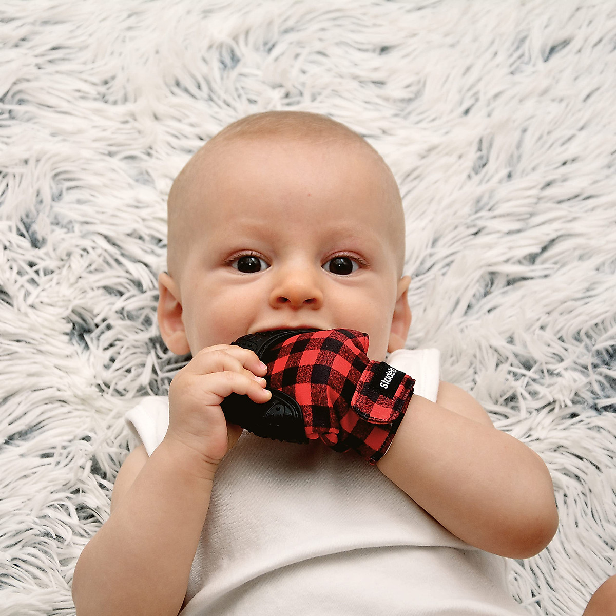 Stadela Baby Soothing Teething Mittens, Food Grade Silicone Teether Toy with Travel Bag for Boy, 2 pcs, Woodland Forest Deer Buffalo Plaid (Lumberjack)