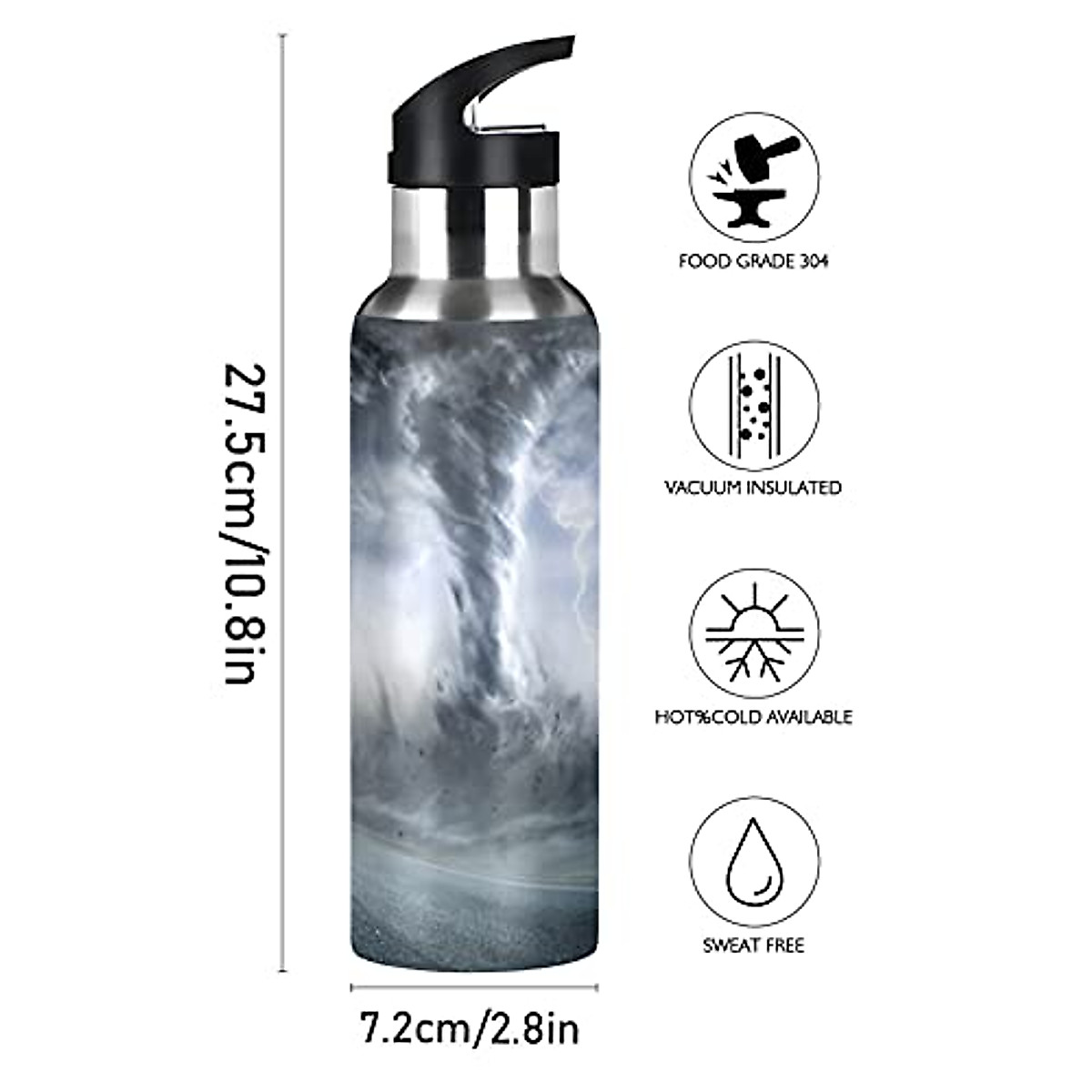 xigua Black Tornado Water Bottle with Straw Lid Vacuum Insulated Stainless Steel Thermo Flask for Sports Cycling Hiking School Home,20 oz.