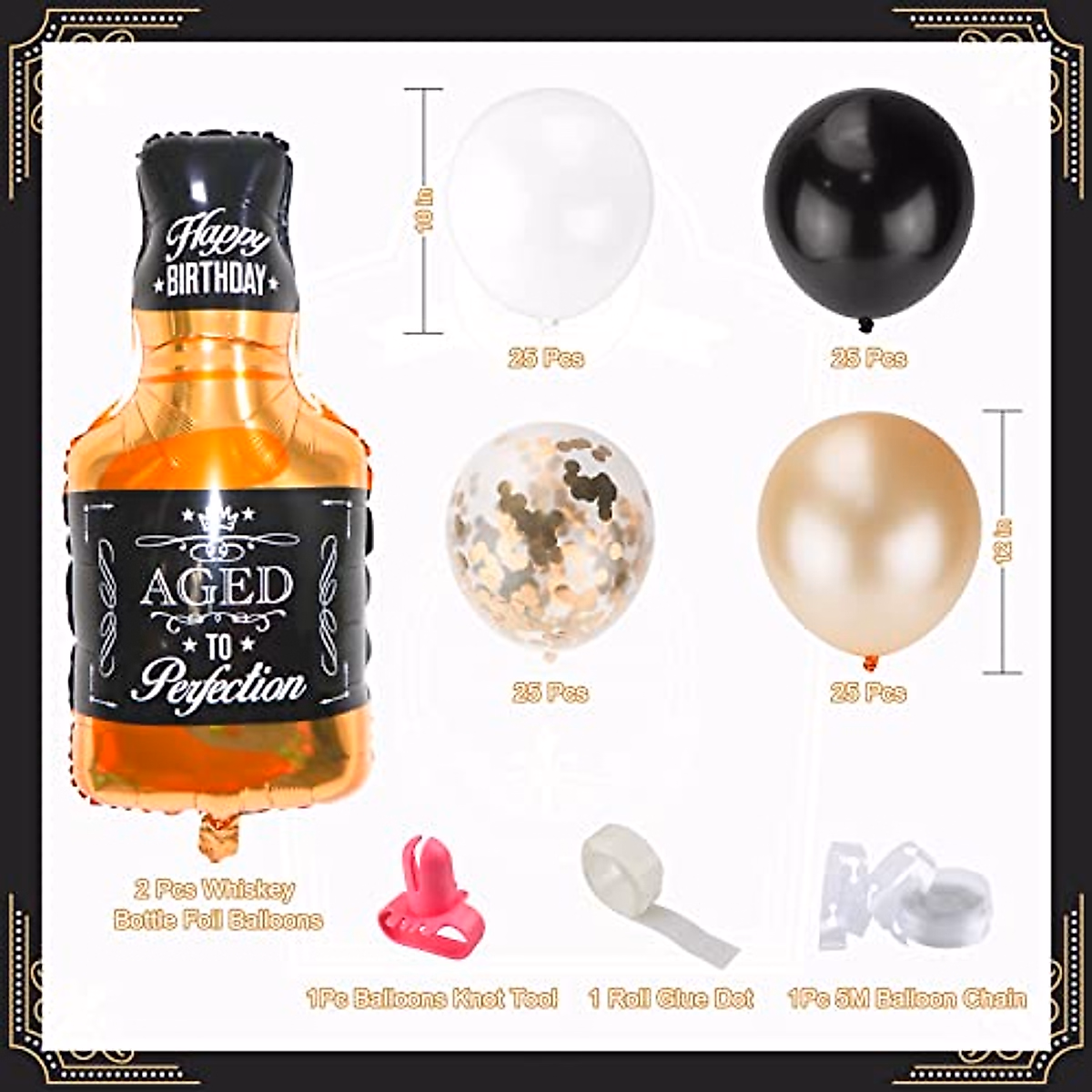 Whiskey Balloons Garland Arch Kit, Black White Champagne Gold Confetti Balloons Garland Arch, Whiskey Birthday Party Decorations for Men 30th 40th 50th Birthday Aged to Perfection Party Supplies