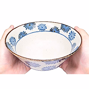 Mino Ware Japanese Ramen Bowl, Rice Noodle Soup Sarada Pasta, PAIKAJI Warp Donburi, 7.1 inch, Flower