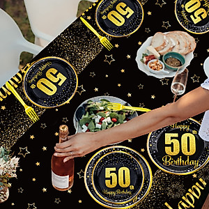 Hegbolke 50th Birthday Decorations for Women and Men - 81 Pcs Plates Napkins 50th Tablecloth Forks Set Black and Gold Party Decorations Serve 20