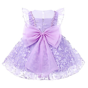 Infant Baby Flower Girls Dress Flutter Ruffle Bowknot Tutu Dress Christening Baptism Gown Toddler Little Princess Pageant Wedding First Communion Birthday Party Beaded Tulle Dress Purple 6-12 Months