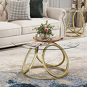 O&K FURNITURE Gold Coffee Table, Modern Round Glass Coffee Table for Living Room with Ring-Shaped Frames, Gold Glass Table for Home&Office,Gold Finish, 1PC