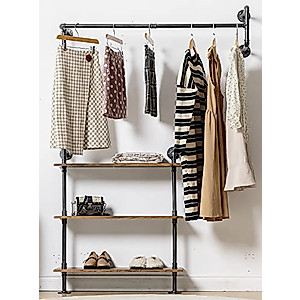 Industrial Pipe Clothing Racks with Shelves, Wall Mounted Wood Clothes Racks, Heavy Duty Iron Pipe Garment Racks for Hanging Clothes, Industrial Retro Steampunk Closet Organizer for Home Retail Store