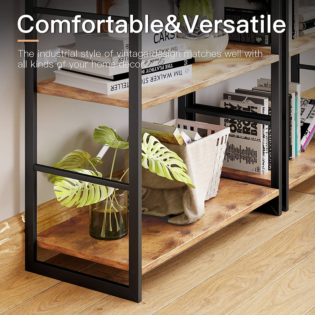 ODK Bookshelf, 4 Tier Shelf Storage Organizer, Modern Book Shelf with Metal Frame for Bedroom, Living Room and Home Office, Rustic Brown