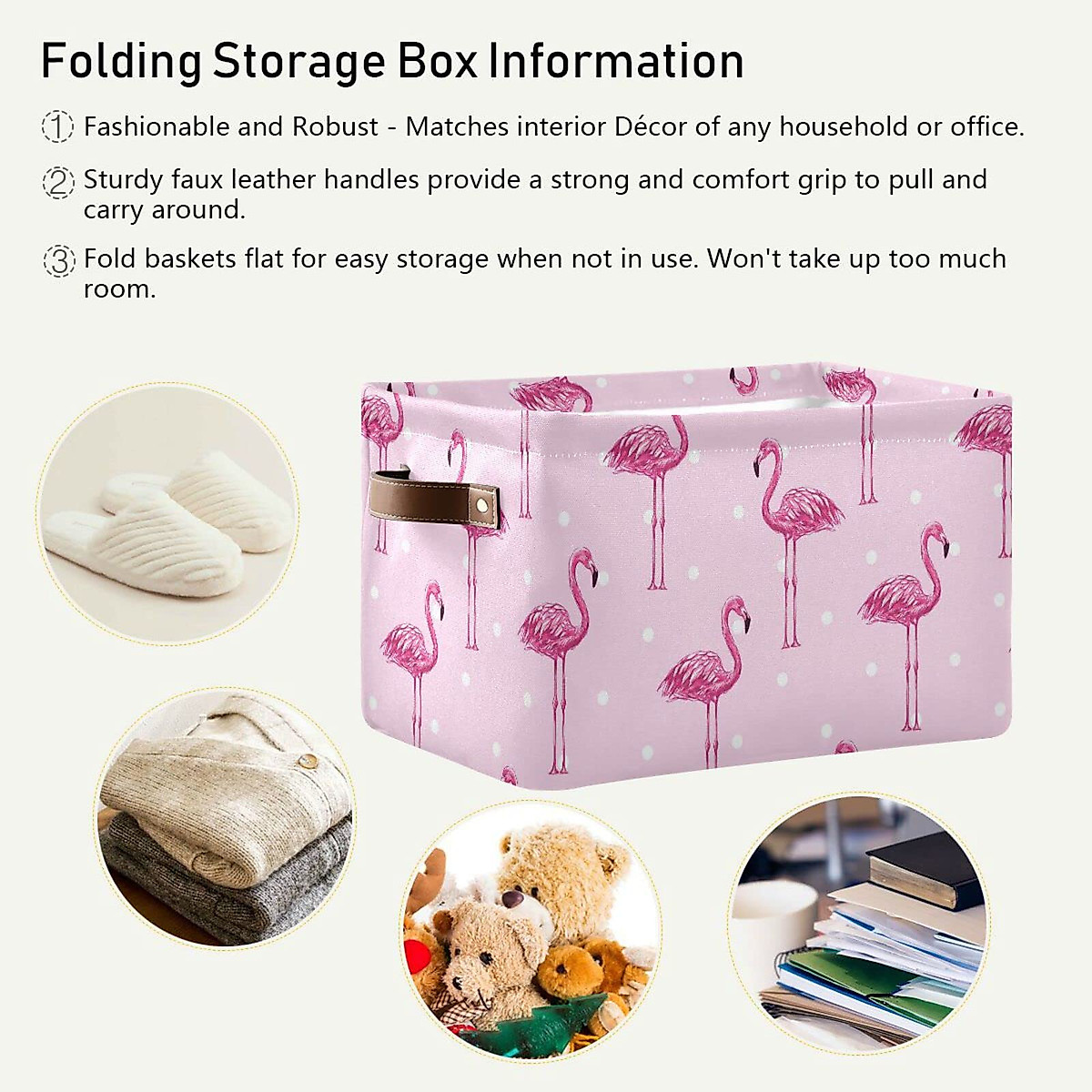 ALAZA White Polka Dot Flamingo Bird Pink Foldable Storage Box Storage Basket Organizer Bins with Handles for Shelf Closet Living Room Bedroom Home Office 1 Pack
