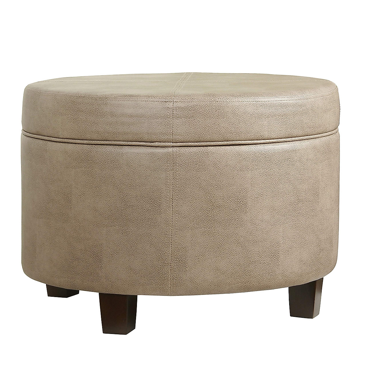 Homepop Home Decor | Upholstered Faux Leather Round Storage Ottoman | Ottoman with Storage for Living Room & Bedroom, Taupe Brown