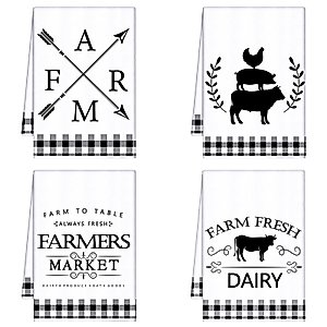 Geyoga 4 Pcs Farm Chicken Kitchen Towels Farmhouse Vintage Buffalo Plaids Dish Towel Rustic Rooster Pig Cow Cloths Hand Towels 16 x 24 Inch Tea Towel for Christmas Bathroom (White, Black,Farm)