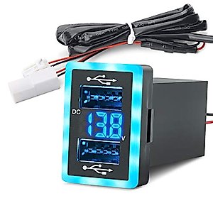MICTUNING Upgraded Dual USB Port 6.4A QC3.0 Quick Charger with Blue LED Digital Voltmeter Replacement for Toyota, Compatible with Cellphone iPad PDA Laptop GPS (Surface Size 1.3 x 0.9 inches)