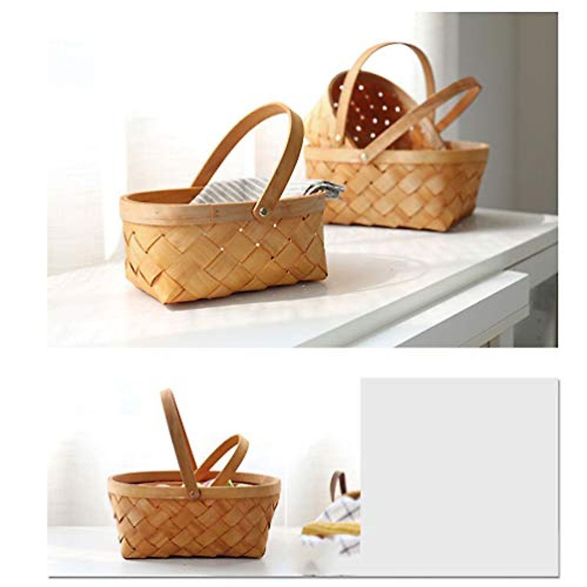 Garneck Wicker Basket with Handle Seagrass Basket,Handmade Rattan Storage Basket Houseware Storage Container Handwoven Straw Seaweed Basket Organizer with Handle Size M