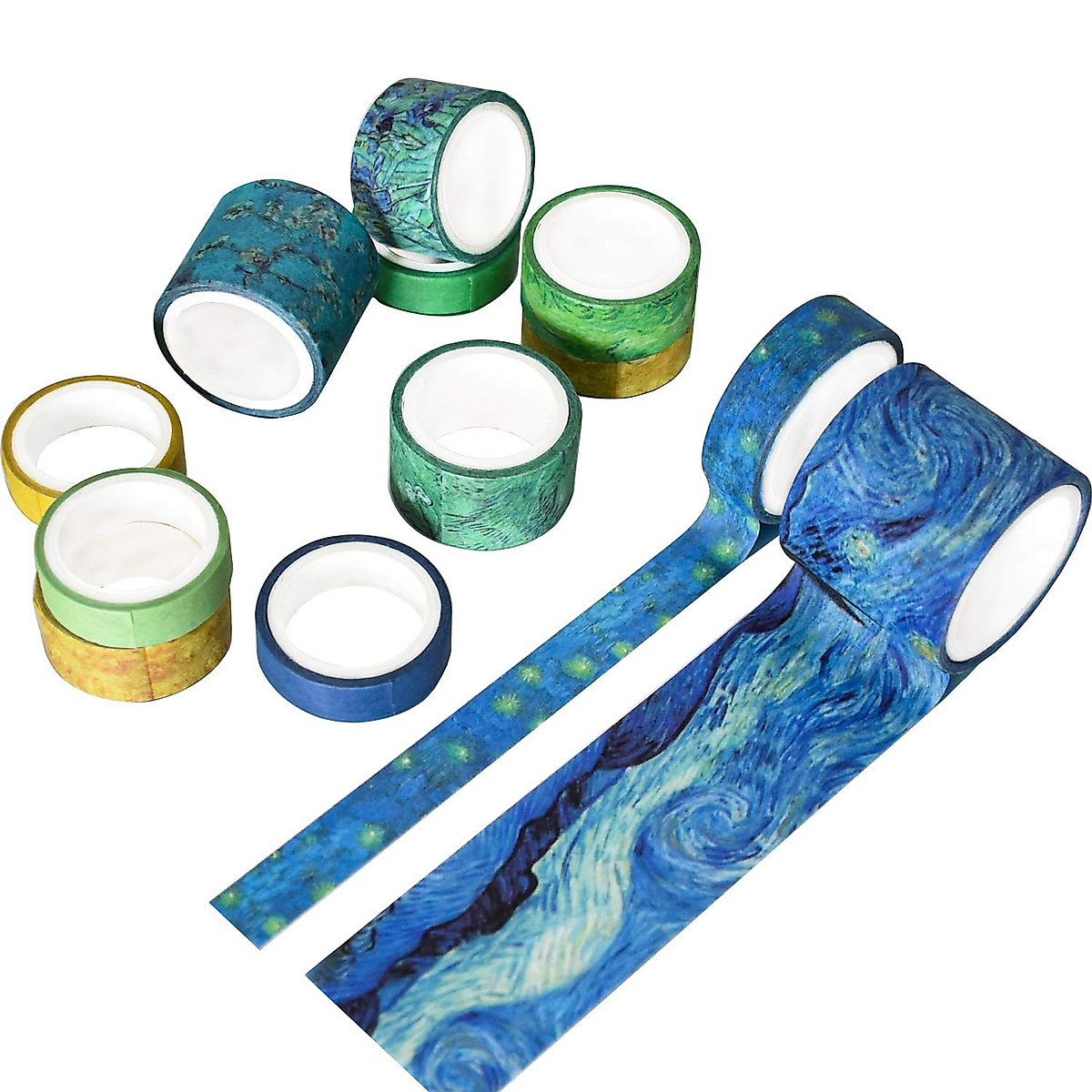 DAPUTOU Washi Tape Set of 12 Rolls,Van Gogh Starry Night Decorative Green Leaves Floral Blue Yellow Washi Masking Tape Sets for Craft,Kids,Scrapbook,DIY,Gift Wrapping(Yellow)