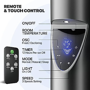 mollie Oscillating Quiet Tower Fan with Remote Control 3 Speeds 12H Timer Portable LED Display 47 Inch Electric Air Circulator Cooling Floor Standing Fan for Home Bedroom Office Living Room Gray