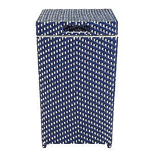 24/7 Shop at Home Locke Coastal Aluminum and All-Weather Wicker Outdoor Trash Can with Lid for Outdoor, Patio, Pool Area, Garden, Navy Blue and White