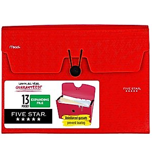 Five Star Expanding File Folder, 13 Pocket Expandable File Folder, 13" x 9.63", Assorted Colors, Color Will Vary, 1 Count (35144)