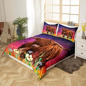Feelyou Highland Cow Duvet Cover Queen Size Highland Cattle Comforter Cover 3D Printed Space Bedding Set Galaxy and Flowers Bedspread Cover for Kids Boys Girls Adults with 2 Pillow Case