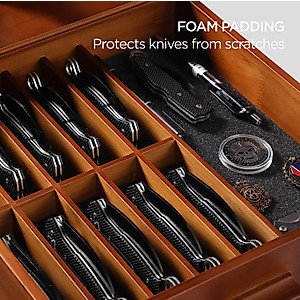 Pocket Knife Display Case Pocket Knife Case Pocket Knife Holder Stores Upto 30 Knives in Two-tier Pocket Knife Storage with Shatterproof Acrylic Glass Top Large Wooden Shelf and Walnut Color Finish