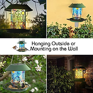Solar Bird Feeder for Outside Hanging or Wall Mount, Waterproof Squirrel Proof Wild Birdfeeder Solar Powered Led Garden Backyard Lantern Decoration Light, Gifts for Bird Lovers