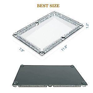 Crystal Glass Tray, Mirror Modern Dresser Cosmetic Tray with Broken Diamonds, 11.8" x 7.9" Rectangular Jewelry Trinket Perfume Tray for Bathroom Bedroom, Home Decor, Hotel Banquet, Party (Silver)