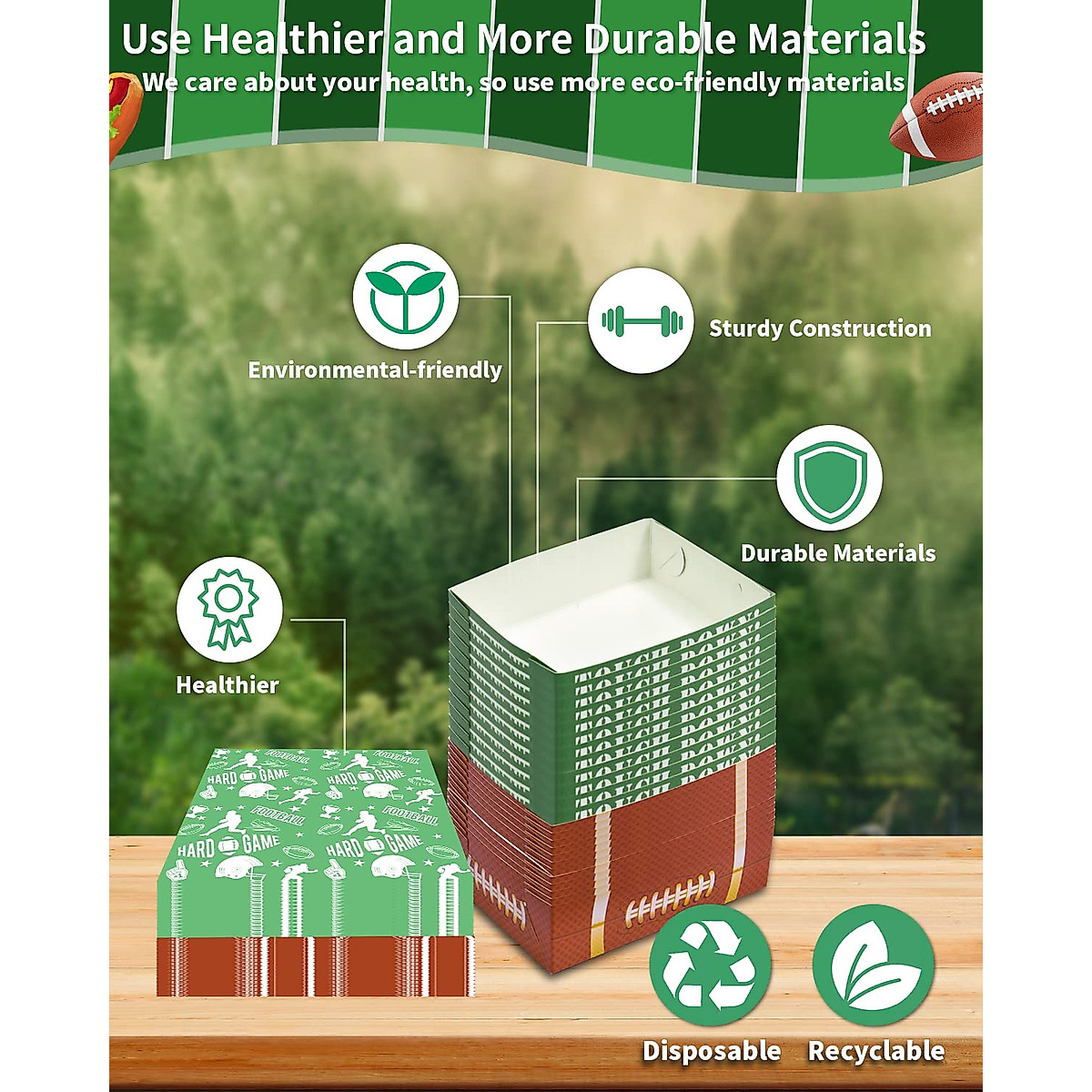 YAYIP 50 Pack Paper Food Trays Disposable with Football Style, Nacho Trays and Hot Dog Tray with Grease Resistant Liner Papers Waxed Deli Sheets for Movie Night Supplies, Food Serving Boats for Snacks