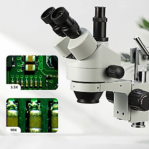 Swift S7 3.5X-90X Professional Simul-Focal Trinocular Stereo Zoom Microscope with WH10x Eyepieces, 0.7X-4.5X Objective,144 LED Ring Light, Double Arm Boom Stand, Includes 0.5X and 2.0X Barlow Lens