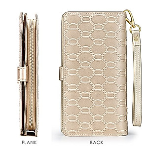 FOXER Leather Wallets for Women, Leather Gift Box Packing Chain Pattern Ladies Clutch Purses with Wristband Women's Trifold Long Wallets Womens Zip Around Wallets Credit Card Holders (Gold)
