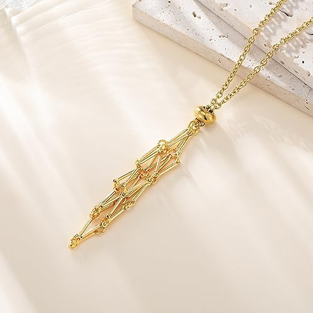 Tyniffer Crystal Holder Necklaces Cage Real Natural Gemstone Necklace Holder Adjustable Gold and Silver Cage Necklace for Women Men (Large, No Stone, Gold)