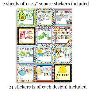 Happy Birthday Food & Animal Themed Gift Tag Stickers, Set of 24 2.5 X 2.5 Mixed Square Birthday Gift Labels by Amanda Creation