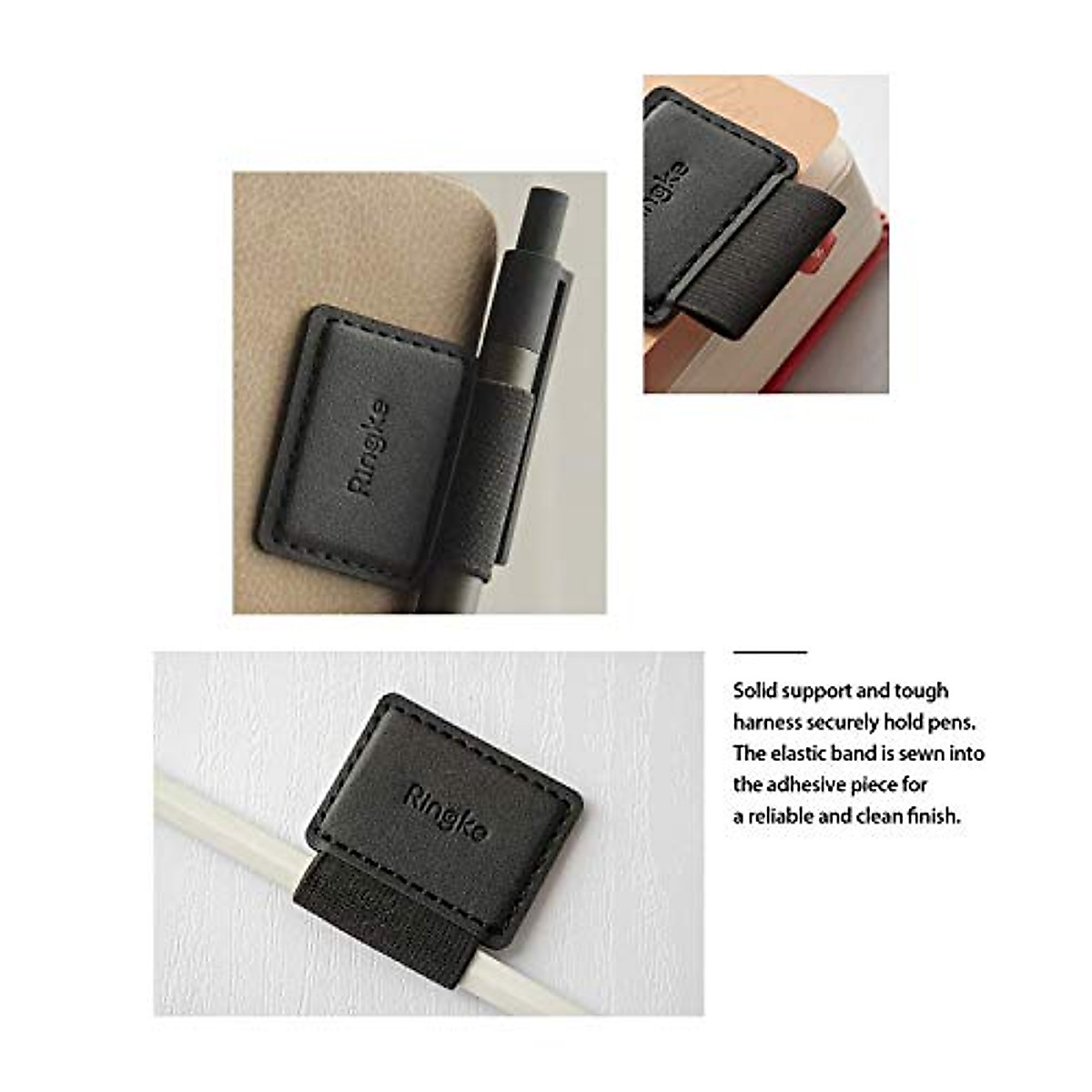 Ringke Pen Holder for Apple Pencil, Journal, Notebooks, and More - 3M Self Adhesive PU Leather Durable Pen Loop with Elastic (3 PACK) - Black