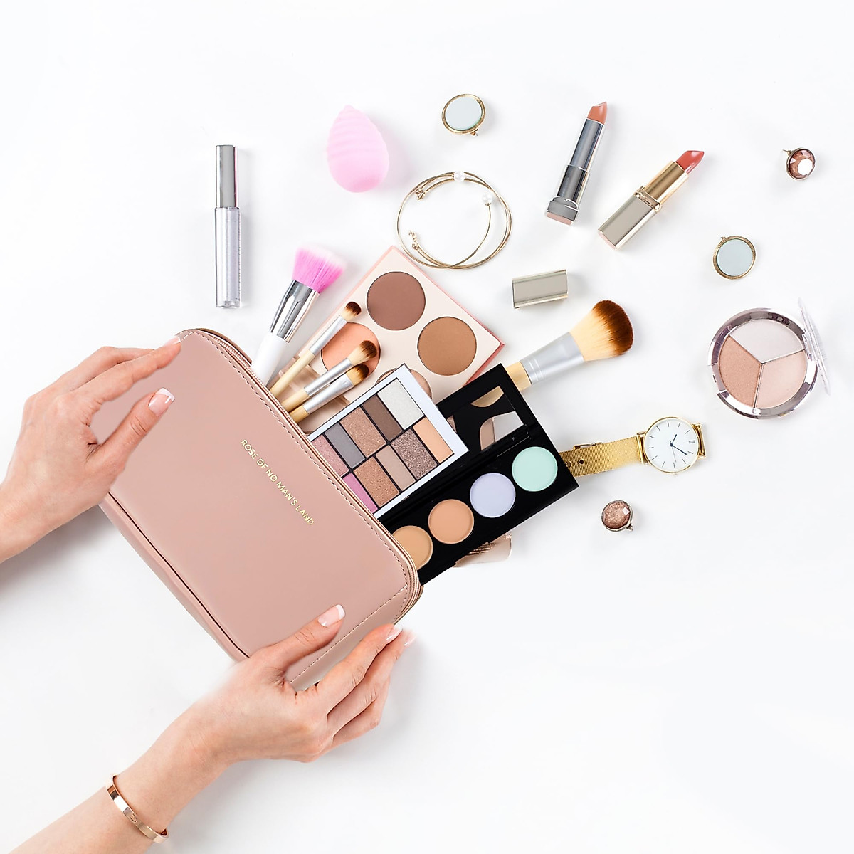 SLIFOUE Large Capacity Travel Cosmetic Bag,Makeup Bag,Waterproof Portable PU Leather Makeup Organizer Bag with Dividers and Handle (Pink)